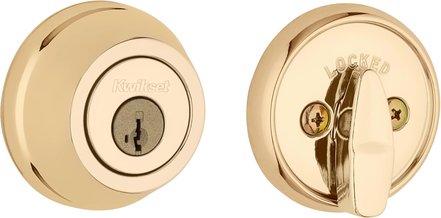 Kwikset 780 Deadbolt Lock, Polished Brass Round Exterior Keyed Front ...