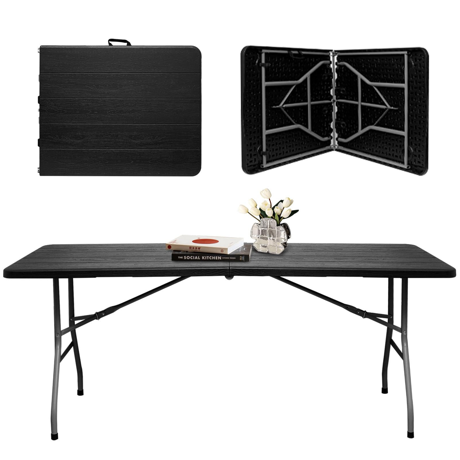 Snapklik.com : Folding Table 6ft Heavy Duty HDPE Black Plastic Portable ...