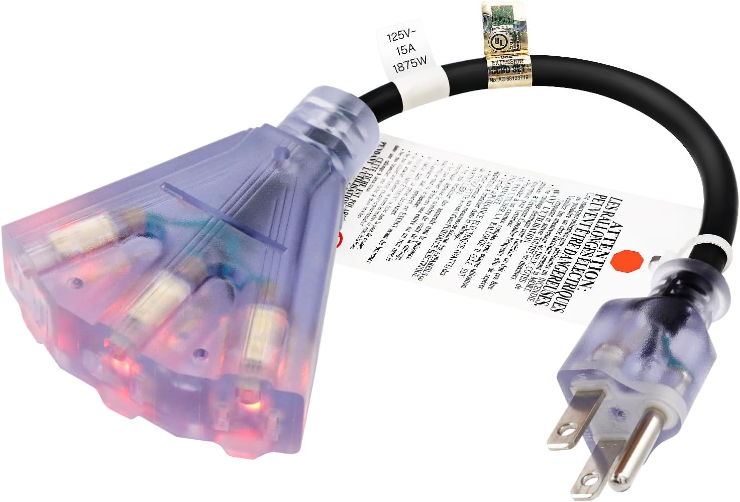 FIRMERST Outdoor Extension Cord with 3 Outlets 1 Foot 14 Gauge, Lighted ...