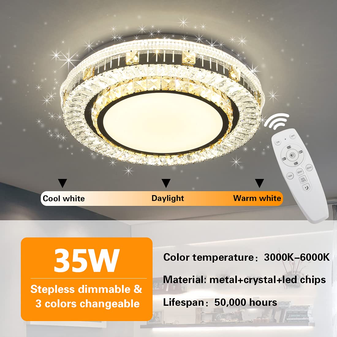 Crystal LED Flush Mount Ceiling Light Fixture, 35W 14.9 Inch, 3000 ...