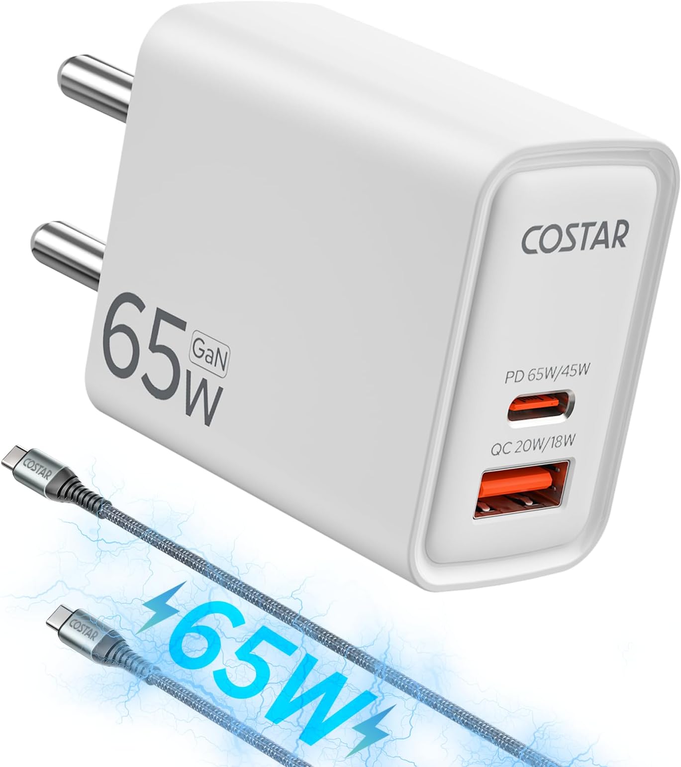 Ambrane 65W Charger Adapter, 3 Ports - 2 Type C & 1 USB for Samsung ...