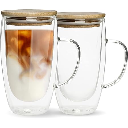 Amazon.com: 15 Oz Double Walled Glass Coffee Mugs, 2 Packs Clear Coffee ...