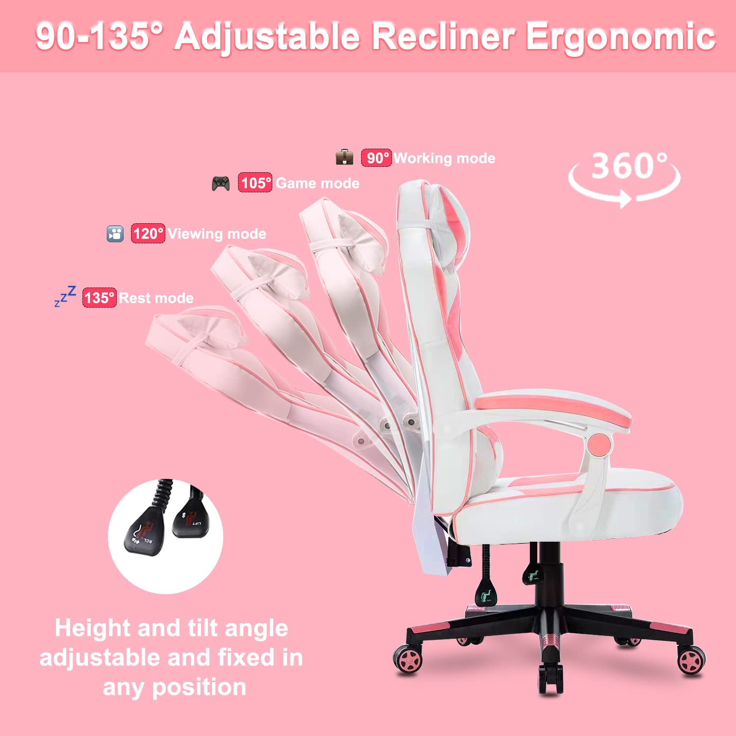 HEADMALL Pink Gaming Chair, Ergonomic Video Game Chairs for Adults ...