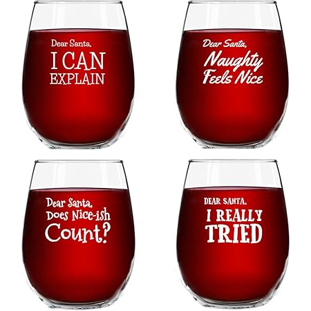 Amazon.com | Drunk Christmas Funny Stemless Wine Glasses Set of 4 | Hilarious Christmas Themed ...