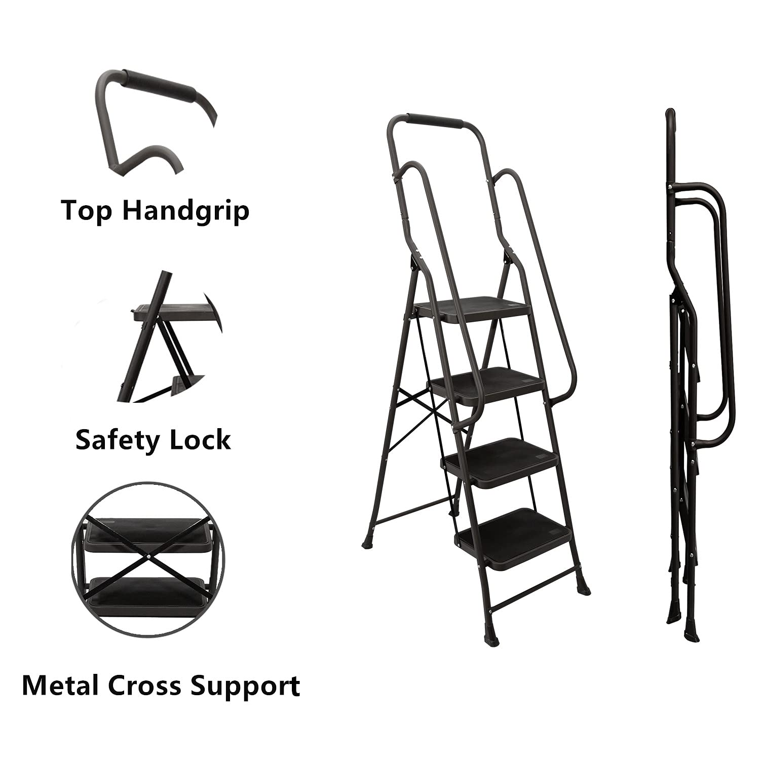 Buy FOOWIN Step Ladder, 4 Step Folding Ladder with Handrails, Portable ...