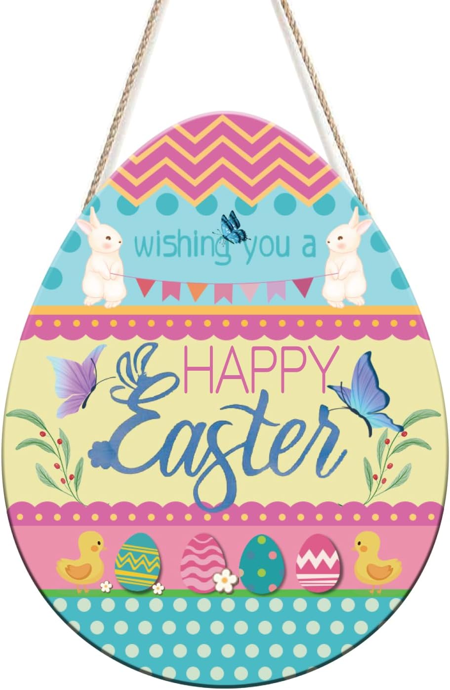 Amazon.com: Happy Easter Egg Wooden Hanging Sign Egg Bunny Rabbit ...