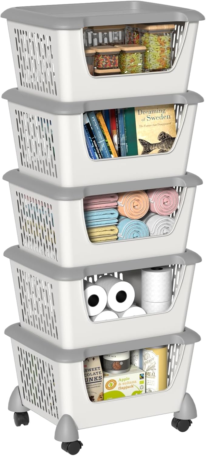 Amazon.com: Ucake Plastic Stacking Basket with Wheels, Stackable ...