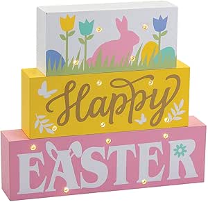 Amazon.com: Happy Easter Lighted Block Sign, Home Décor, Pastel Painted ...