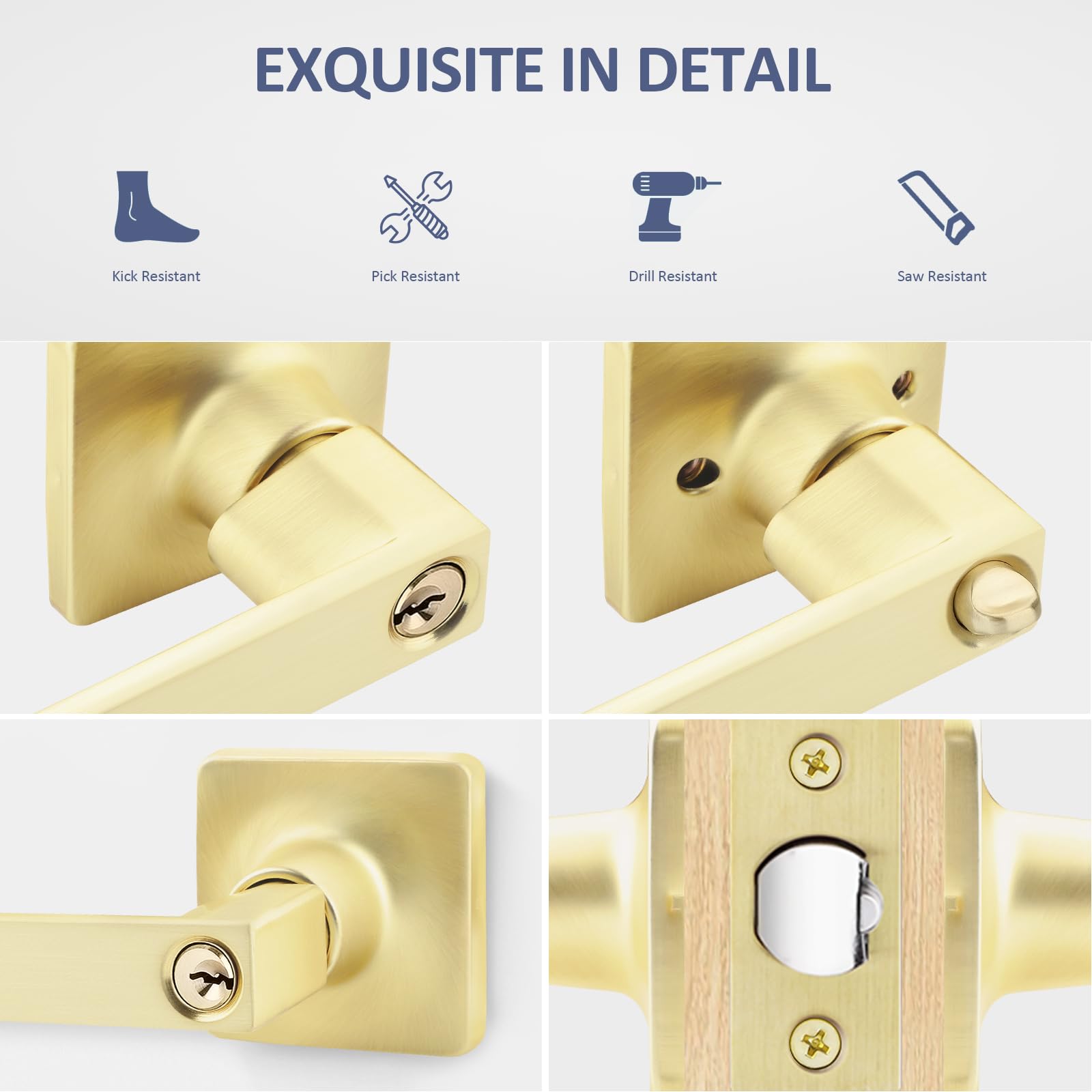 Snapklik.com : Gold Door Handle 3 Pcs, Keyed Entry Door Levers Satin ...
