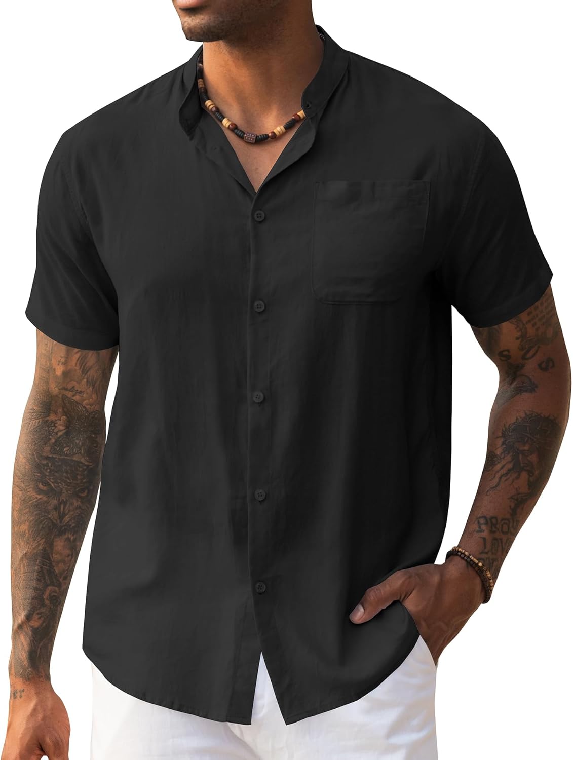 Amazon.com: URRU Mens Linen Button Down Shirt Short Sleeve Casual Banded Collar Summer Beach ...