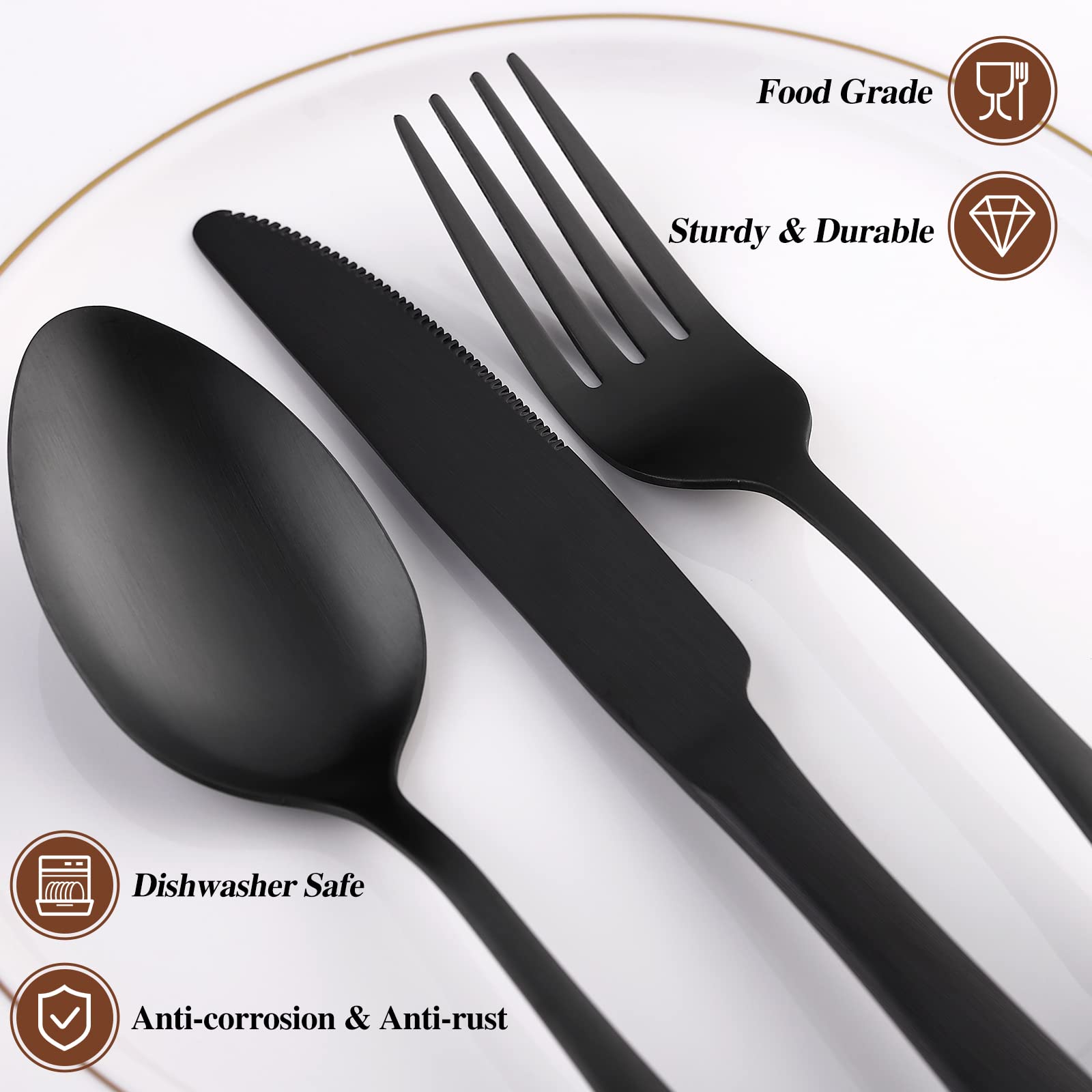 SANLUNS Matte Silverware Set for 8,40-Piece Satin Finish Black Flatware ...