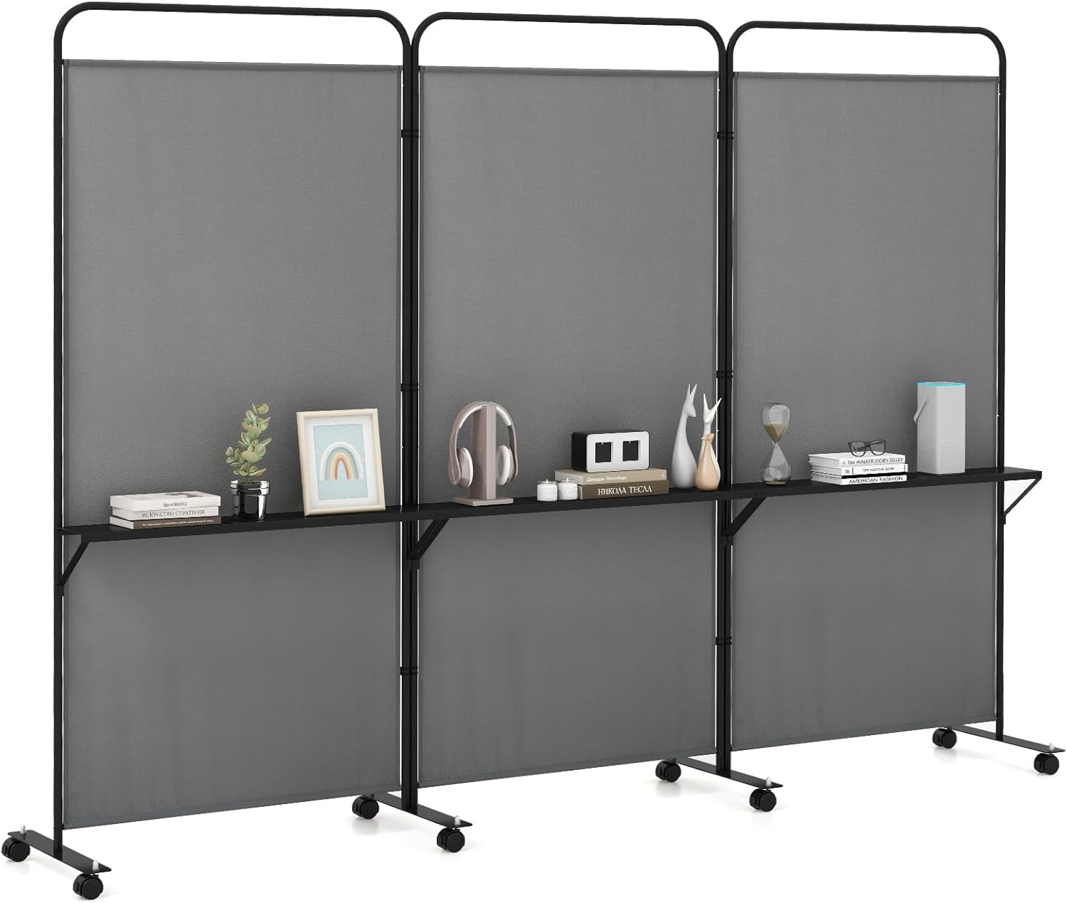COSTWAY 3 Panel Folding Room Divider, Rolling Wall Privacy Screen ...