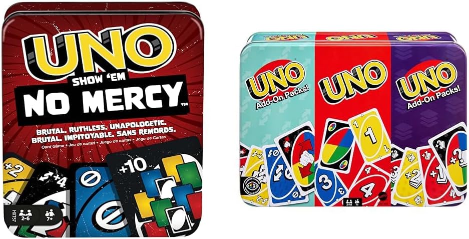 Mattel Games Bundle of UNO Show ’em No Mercy + Core & Add-on Packs Tin ...