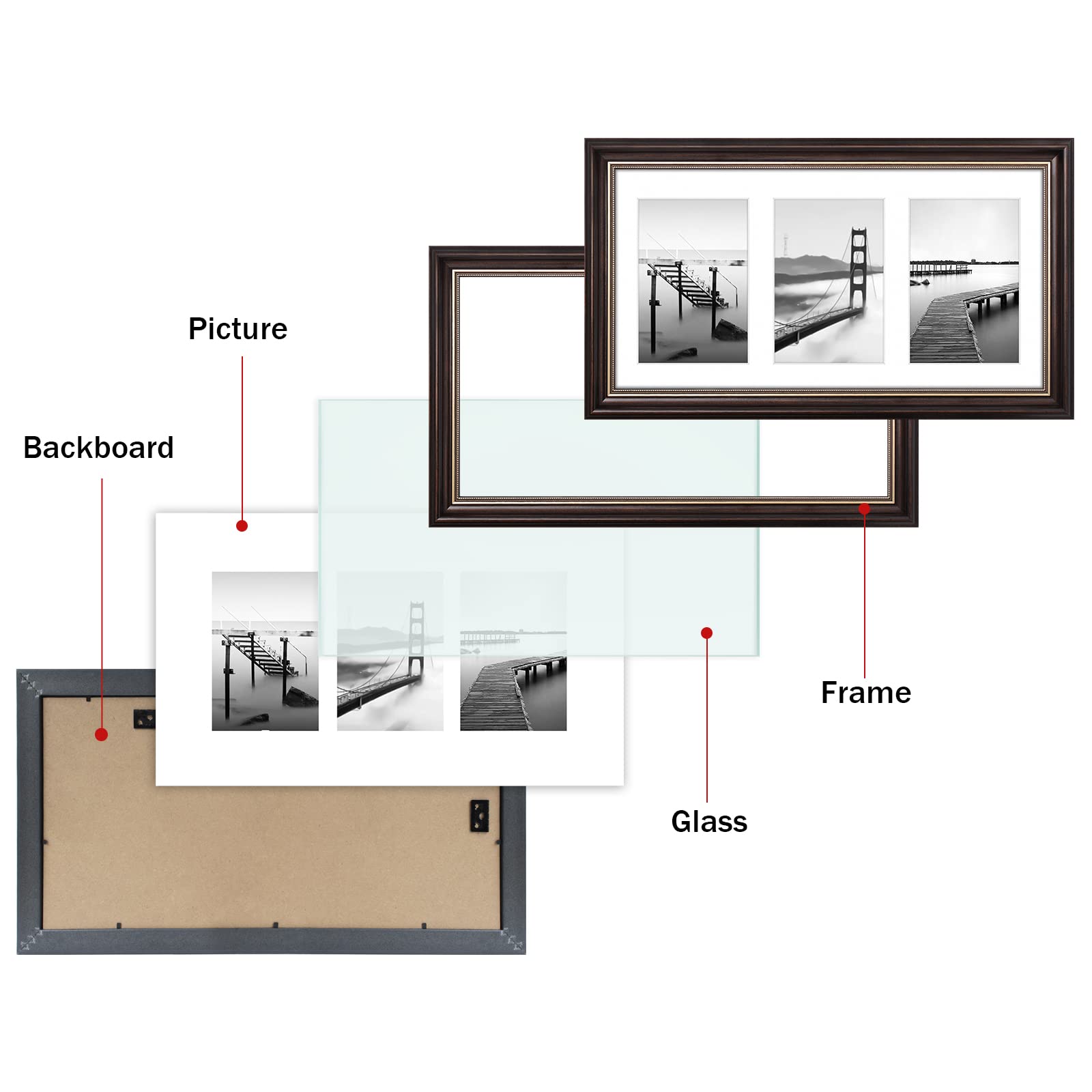 Space Art Deco, 9x18 Collage Picture Frame with 3 Opening for Three 5x7 ...