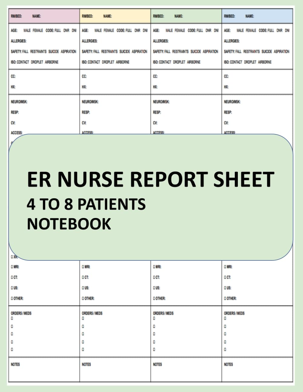 ER Nurse Report Sheet 4 to 8 Patients Notebook: Brain Report Sheet for ...