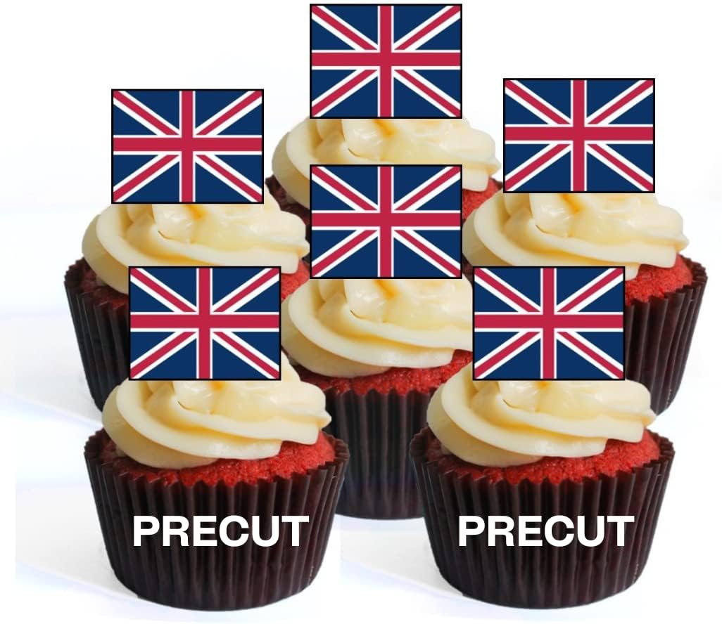 24 PRECUT Union Jack Flags, British Flag Edible Cupcake Toppers - wafer ...