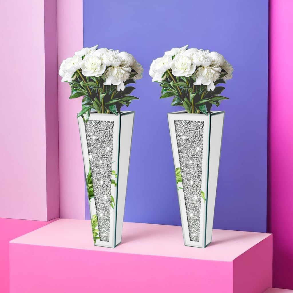 Amazon.com: Flower Vase, 2 Pack Crushed Diamond Vase Mirrored Hanging ...