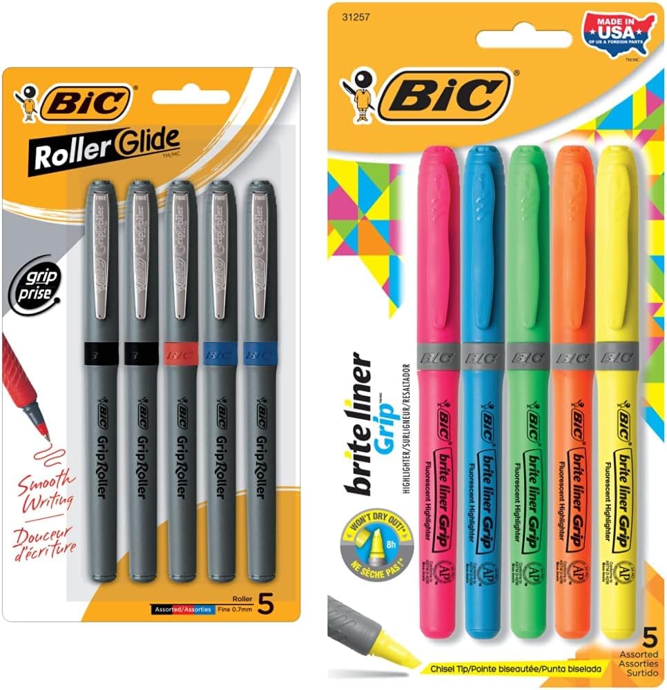 BIC Roller Grip Pens and BIC Brite Liner Grip Highlighter Bundle ...