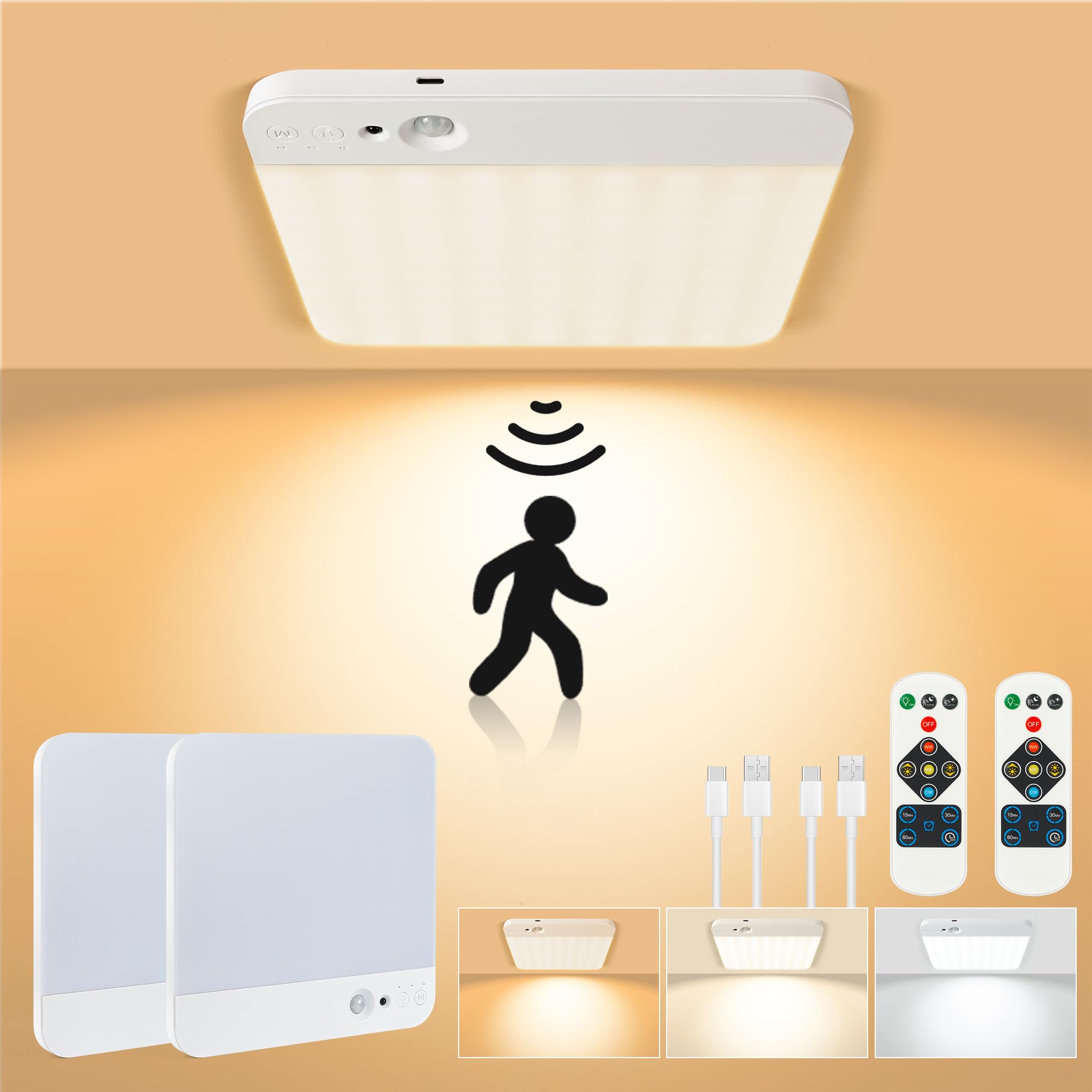 2PCS Battery Operated Ceiling Light with Remote Rechargeable Motion ...