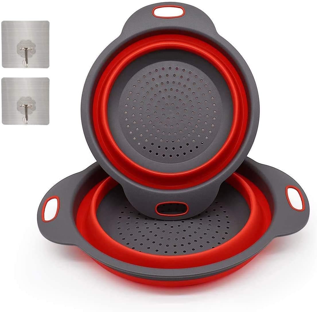 2 Sizes Collapsible Colander Set with 2 Piece Wall Stick Hooks,Silicone ...