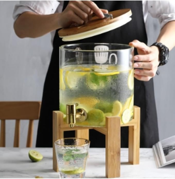Amazon | 5L ドリンクサーバー ジュースディスペンサー ドリンクディスペンサー ガラス ピッチャー 飲料収納、ステンレス鋼の蛇口+竹の木製ブラケット+竹の木製カバー、目詰まり防止 ...