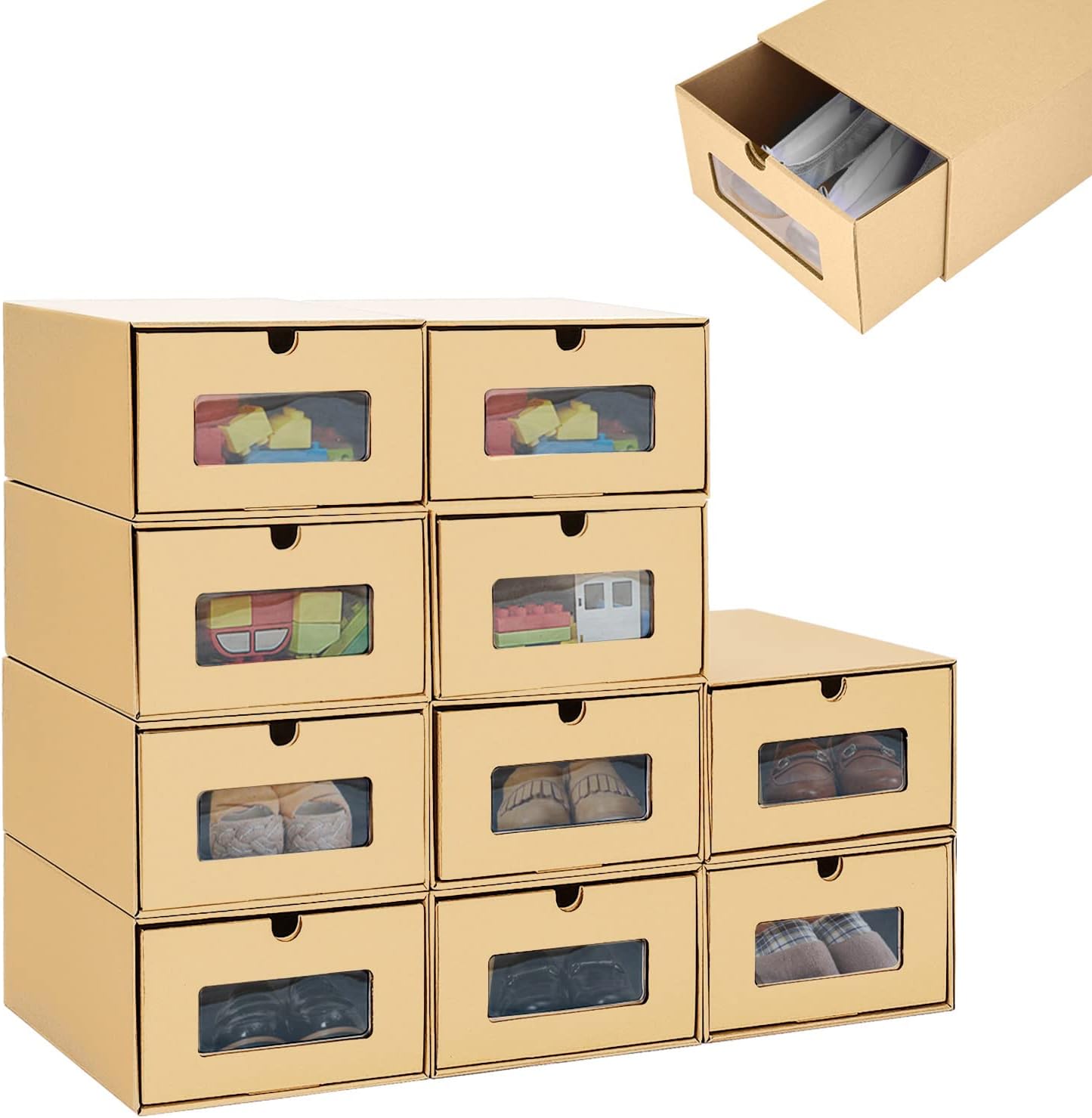 10PCS Stackable Cardboard Shoe Storage Boxes with Lids – Foldable Kraft ...