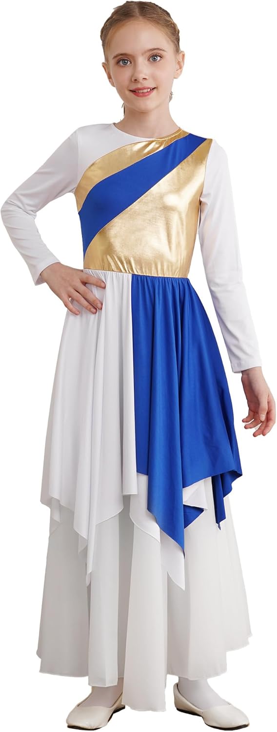 Amazon.com: CHICTRY Girls Liturgical Worship Praise Dance Dress Gold Color Block Irregular Hem ...