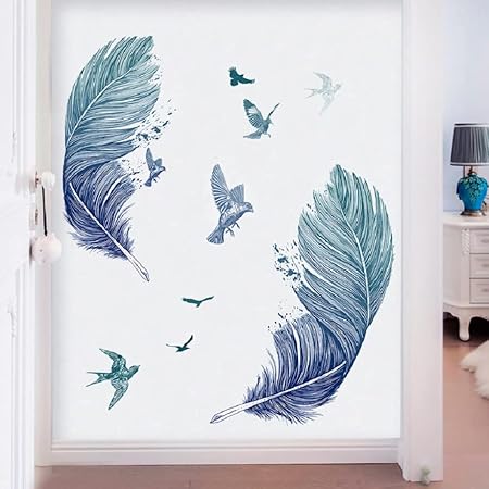 COVPAW® Wandtattoo Wandaufkleber XXL Blau Feder Feather Wandsticker ...