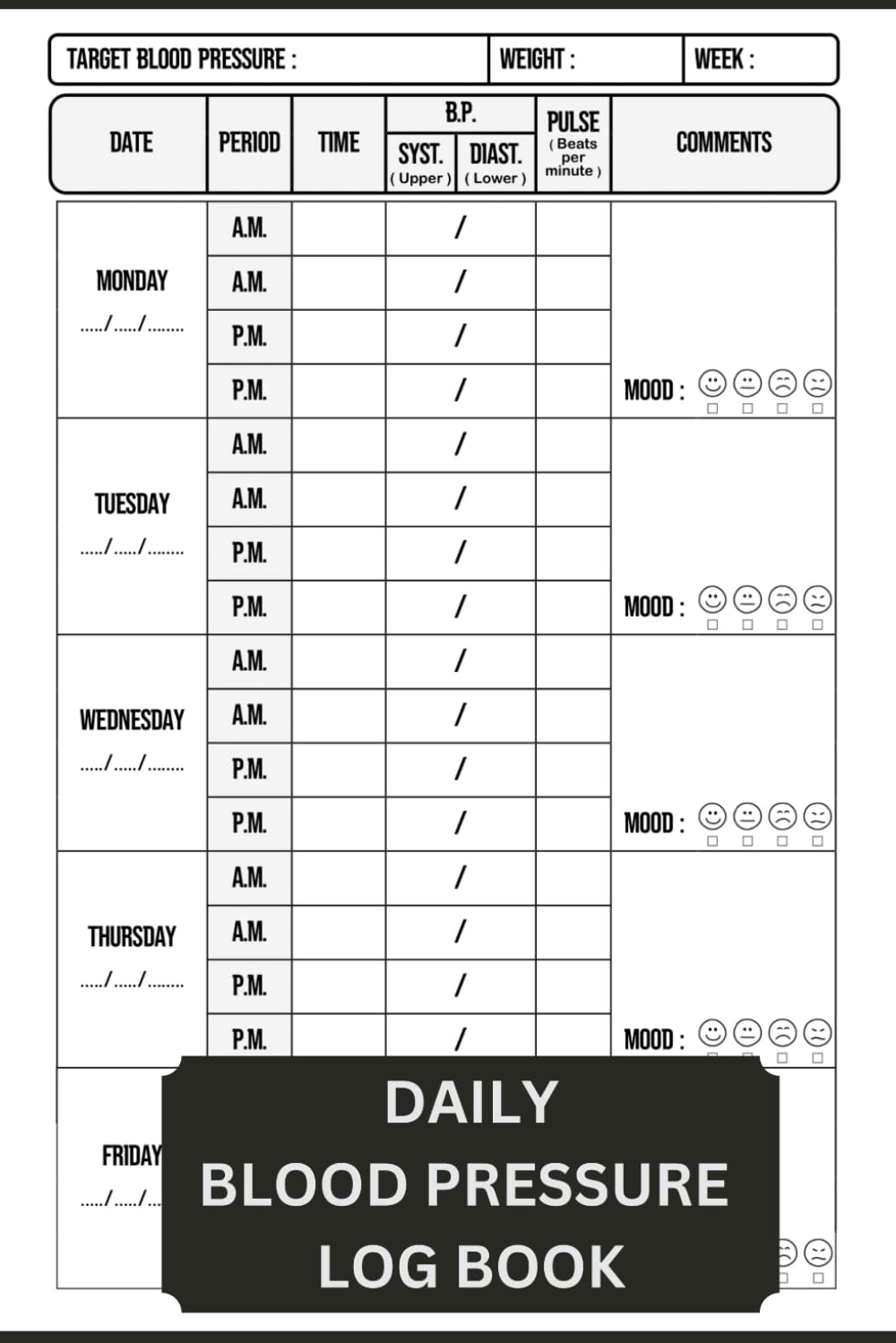 Blood Pressure Log Book | A Daily Blood Pressure Log Book to Record ...