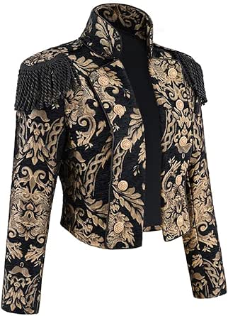 Amazon.com: Women's Gothic Steampunk Stand Collar Jacket Black Gold ...