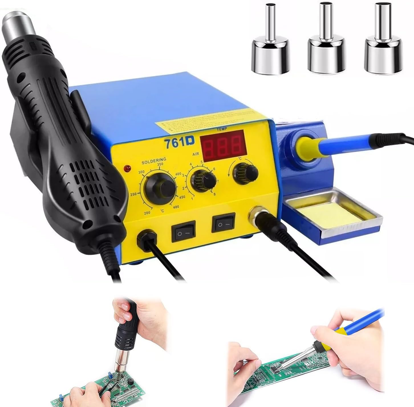 Bowoshen Estación De Soldadura De Aire Caliente 2 En 1 Con LCD Pantalla Digital,3 Boquillas ...