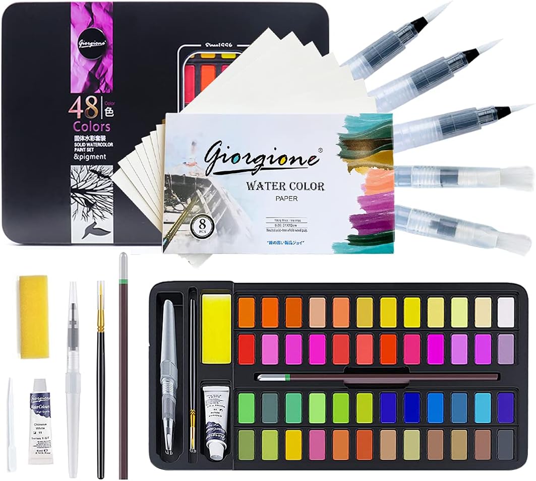 Buy Watercolor Paint Set, 48 Colors Watercolor Paint Box with 8 Water ...