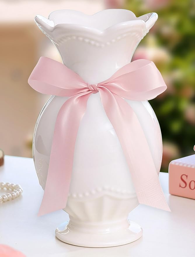 Amazon.com: Pecfamly Cute Aesthetic Pink Bow White Ceramic Flower Vase ...