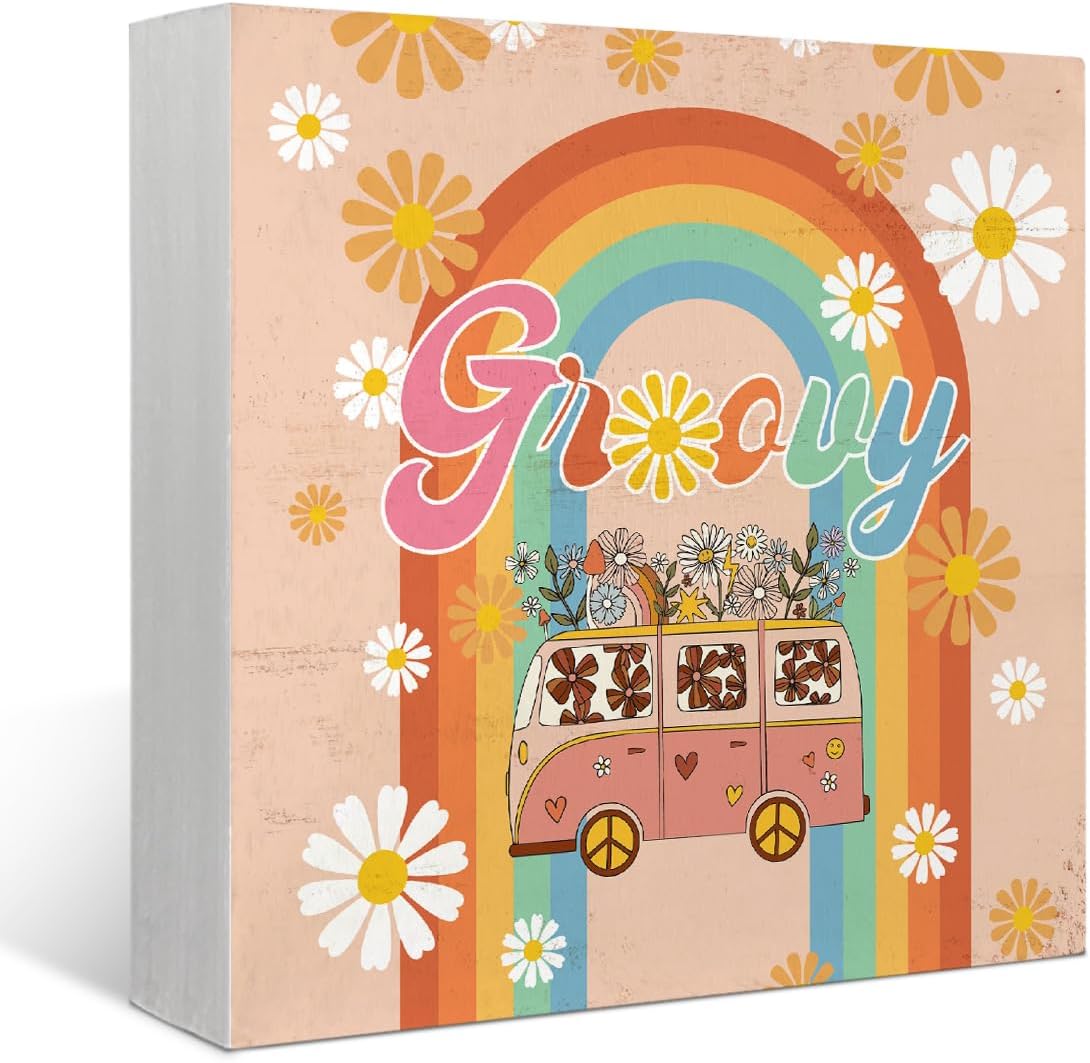 Amazon.com: Mtrgdn Daisy Decor for Home, Groovy Hippie Bus Rainbow ...