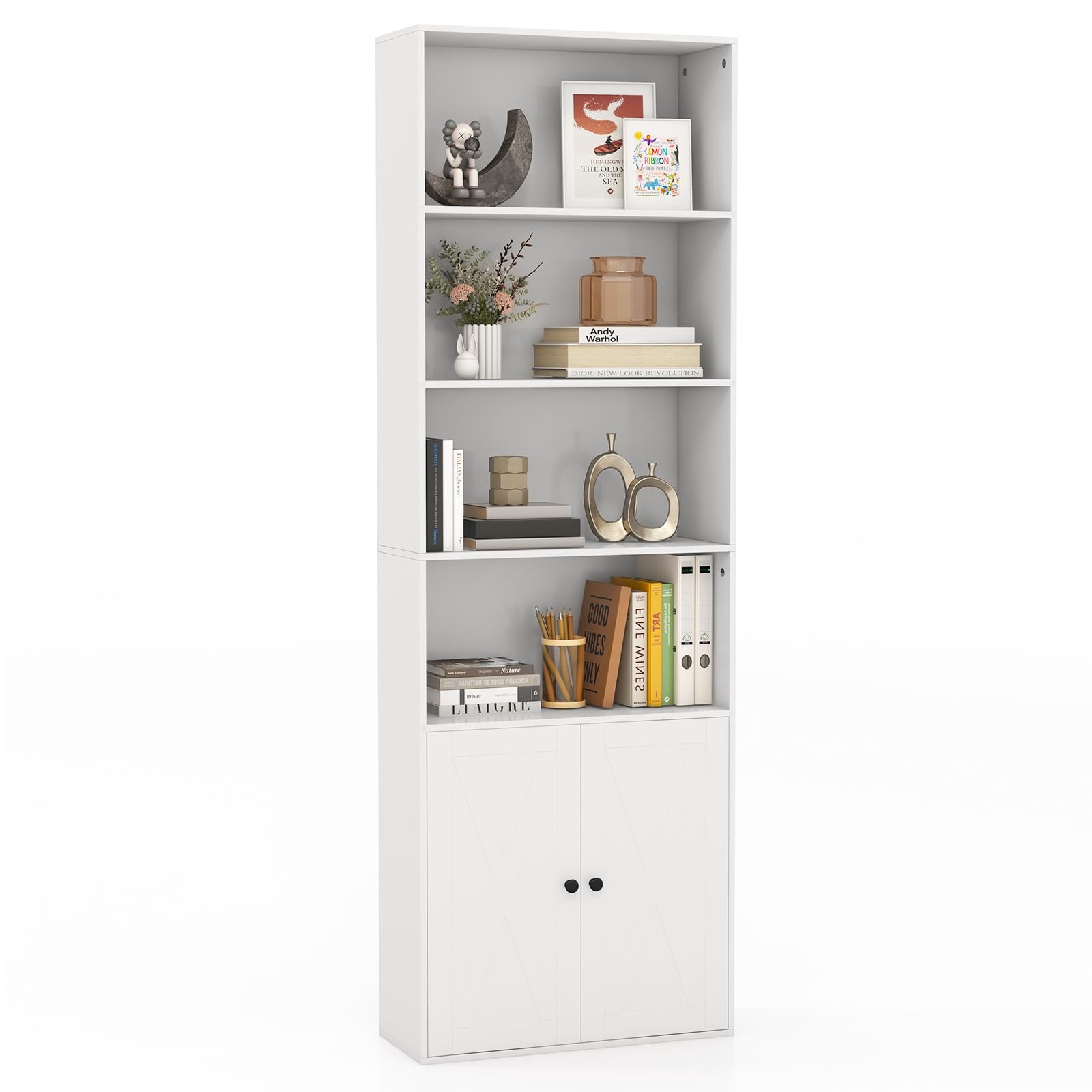 Giantex Farmhouse Bookcase with Doors, 180cm Freestanding Bookshelf ...