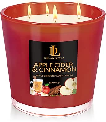Amazon.com: Large Fall Candle Apple Cider & Cinnamon Scented, 4 Wick ...