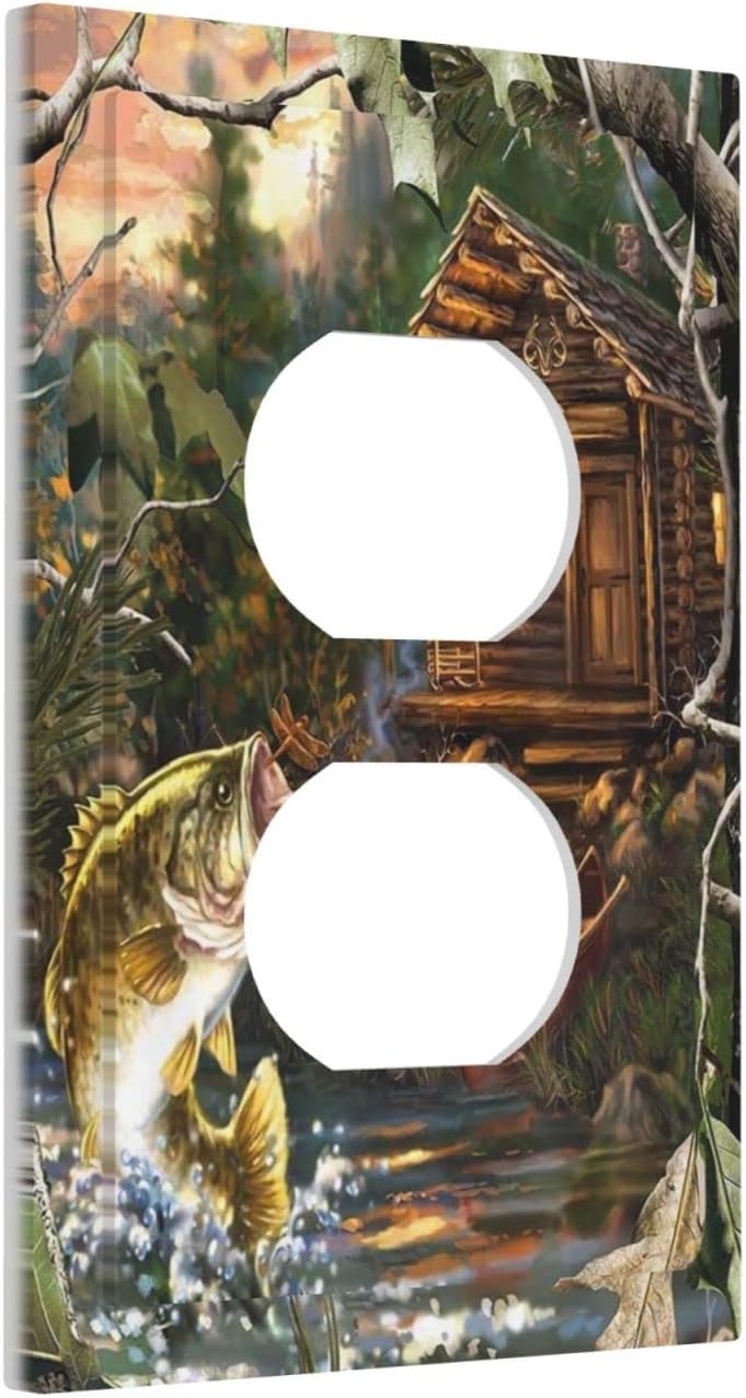 Rustic Camo Cabin Bass Fish Fishing Man Natural Forest Lake 1-Gang ...