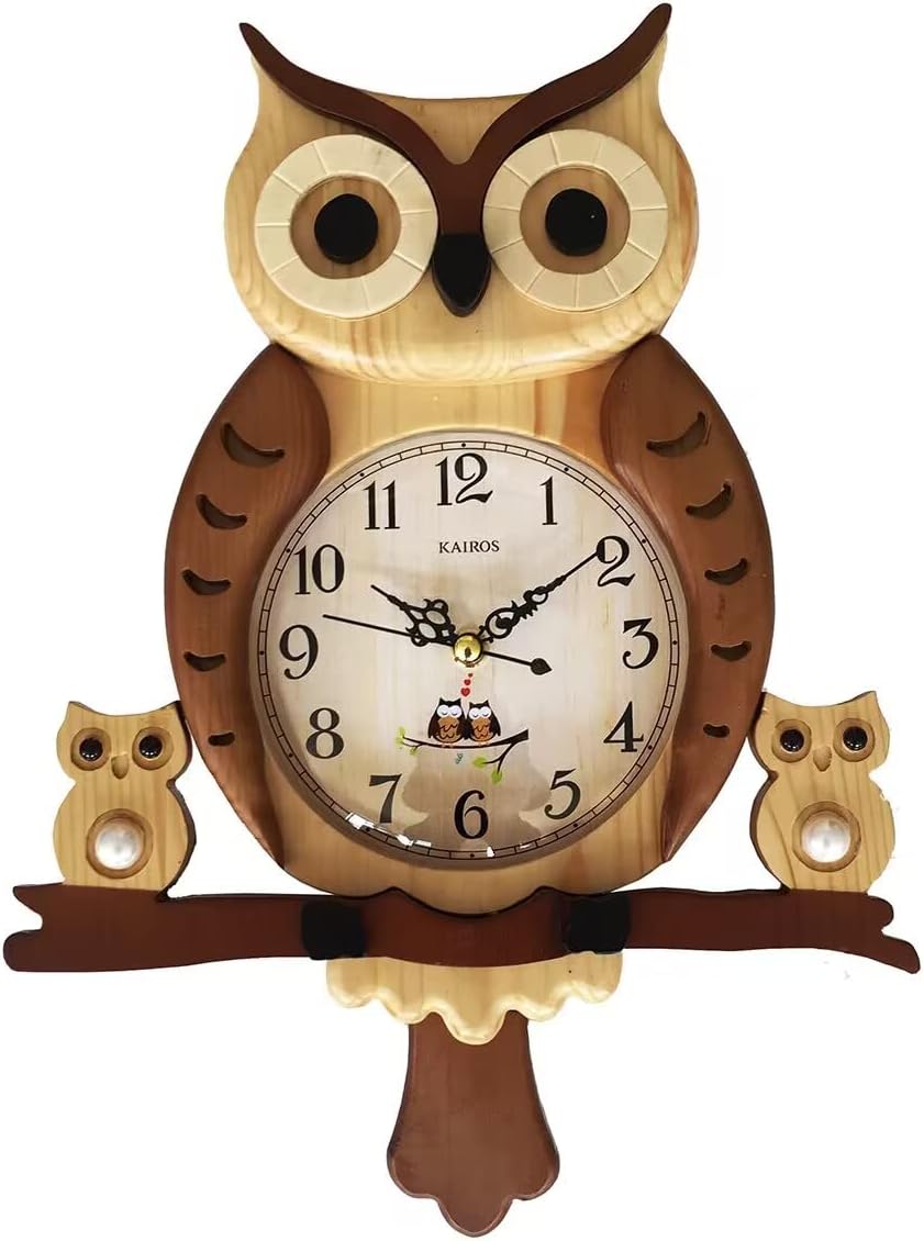 Amazon.com: Owl Shaped Battery Operated Pendulum Wooden Wall Clock Non ...