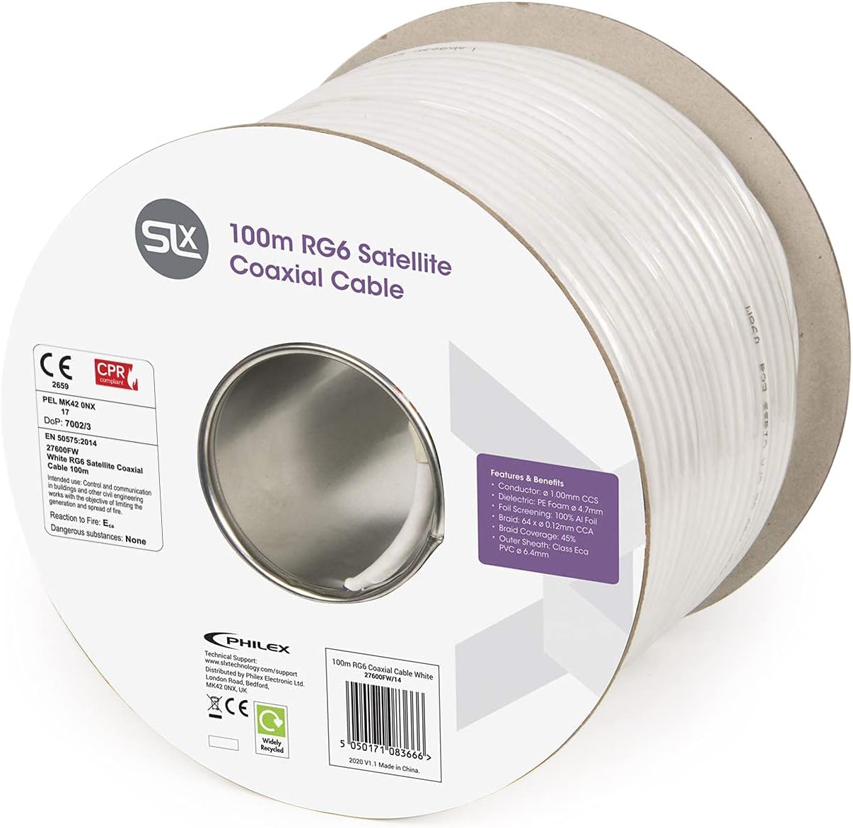 SLx Coax Cable 100m RG6 White Reel, 27600FW Gas Injected Digital Aerial ...