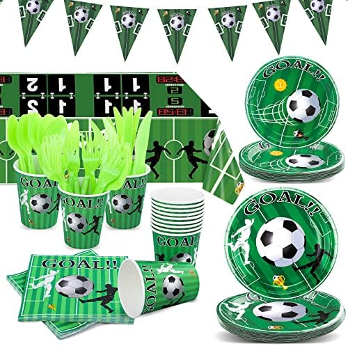 REMEL Soccer Party Supplies Serve 10 Plates Banner Table Cloth Plates ...