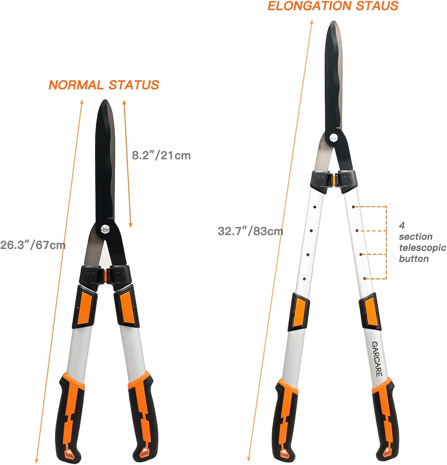 GARCARE Telescopic Hedge Shears Long Reach 660-825 mm, Lightweight ...