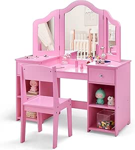 INFANS Kids Vanity, 2 in 1 Princess Makeup Desk & Chair Set with Tri ...