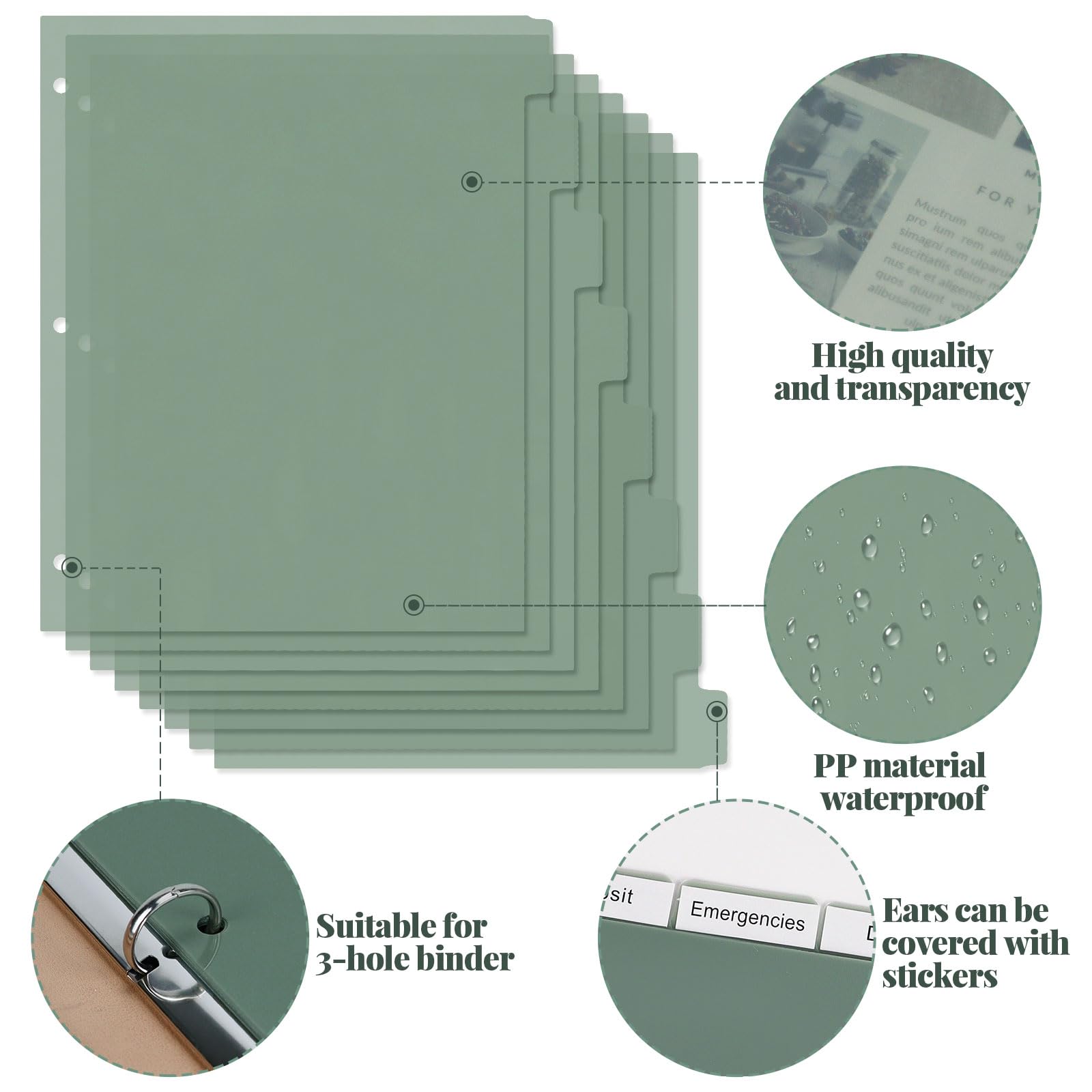 Snapklik.com : Koqye Dark Green 8-Tab Durable Plastic Dividers For 3 ...