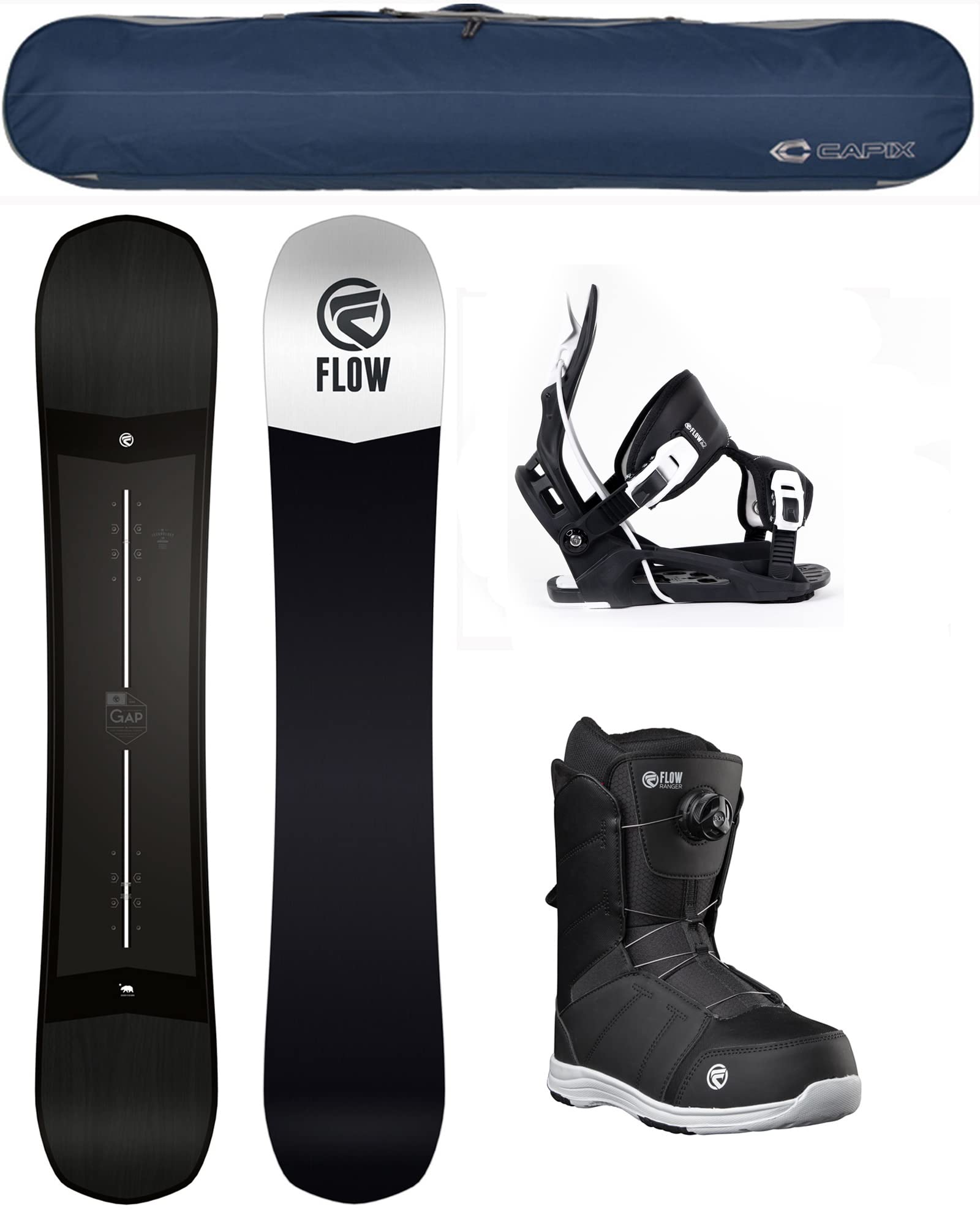 Buy FLOW Men's Gap Wide Snowboard Package Black Alpha Bindings Flow BOA ...