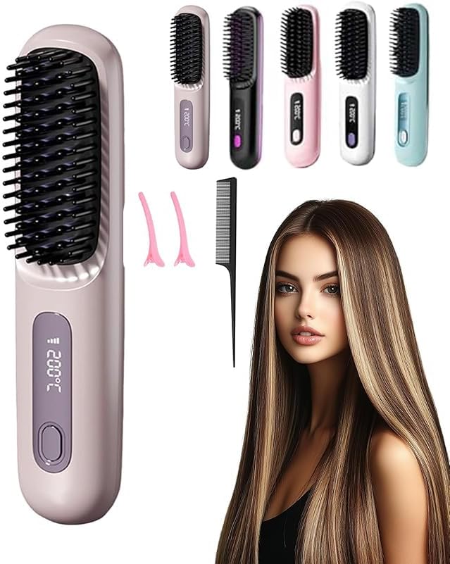 Go Brush Pro, 2025 Cordless Hair Straightener Brush, Portable ...