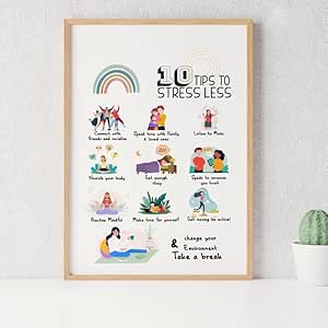 Amazon.com: 10 Tips To Stress Less Poster, Therapy Office Psychology ...