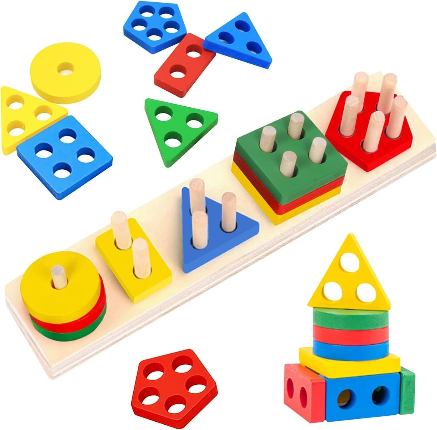 SKY-TOUCH Wooden Sorting & Stacking Toys, Shape Color Recognition ...