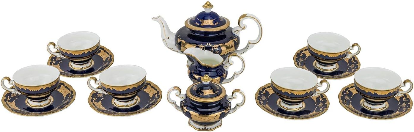 Amazon.com | 17 Pieces Cobalt Blue Porcelain Tea Set: 6 Cups, 6 Saucers ...