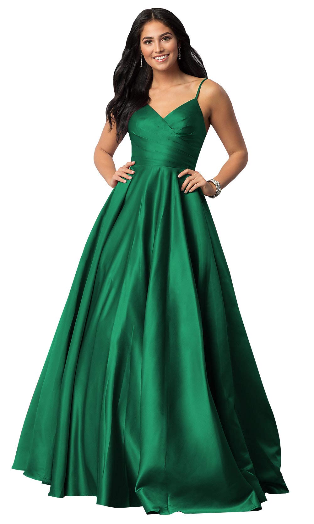 Fu Jiang Women's Spaghetti Straps Satin Prom Dresses with Pockets V ...