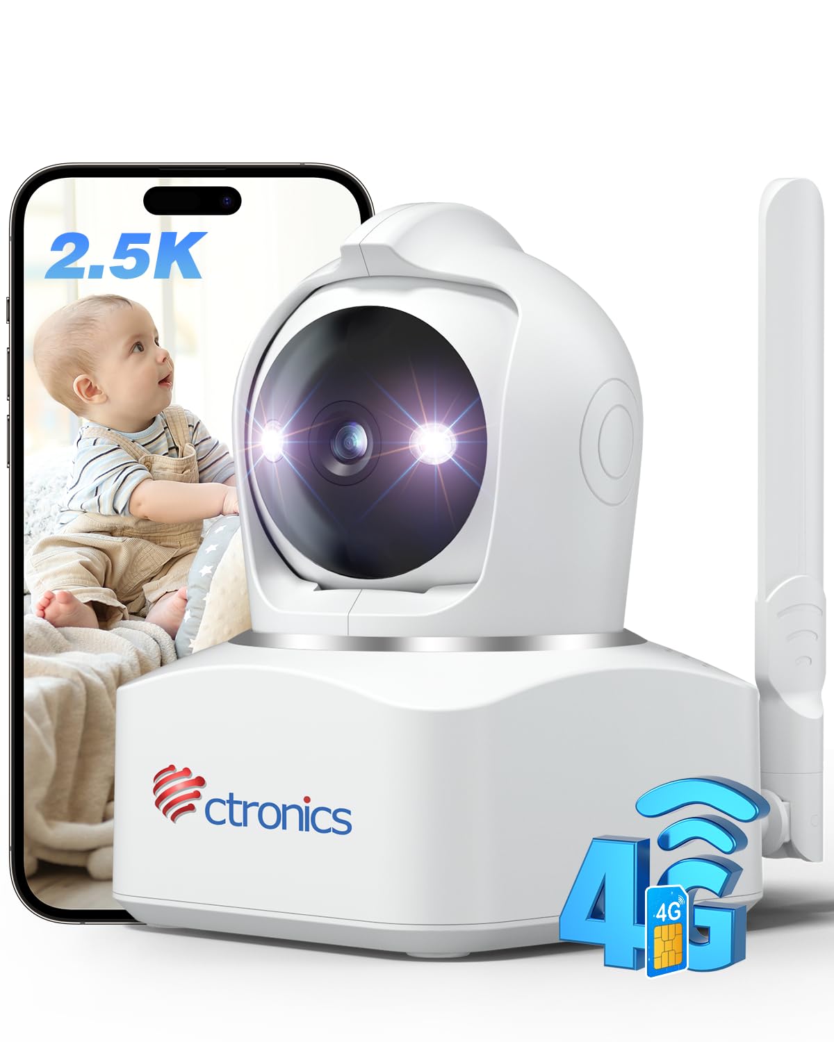 ctronics 2.5K 3G/4G LTE Security Camera Indoor with SIM Card Included, 360° View 4MP PTZ CCTV ...